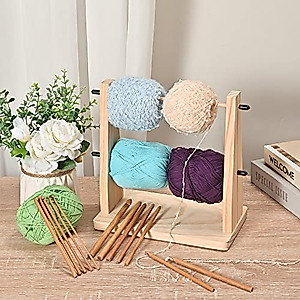 Sparkle Race Wooden Crochet Yarn Holder, Double Revolving Yarn Storage for Crochet Yarn Ball Knitting & Crochet Supplies, Horizontal Wood Yarn Ball Holder with 12 Bamboo Crochet Hooks