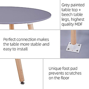 NIERN Round Dining Table with Beech Wood Legs, Modern Wooden Kitchen Table for Dining Room Kitchen (Grey)