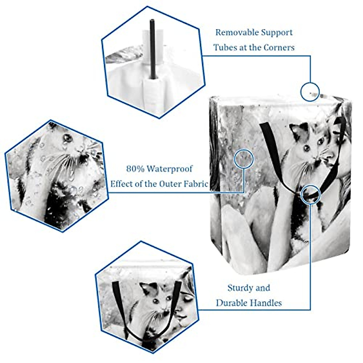 Beauty Girl and Cat Print Collapsible Laundry Hamper, 60L Waterproof Laundry Baskets Washing Bin Clothes Toys Storage for Dorm Bathroom Bedroom