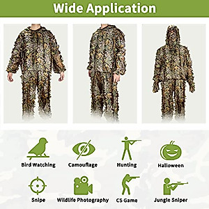 ELJGKKL Ghillie Suit, Adult 3D Leafy Suit for Hunting, Hunting Gear Including Hunting Clothes, Hunting Gloves, Leafy Face Mask and Bag, Lightweight Leafy Camo Suit for Jungle Hunting and Halloween, M