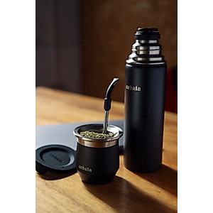 Cebala Yerba Mate Natural Gourd/Tea Cup Set (Original Mate Cup) PREMIUM QUALITY | Includes 2 Bombillas (Yerba Mate Straws to Use) & Silicon Cup & Cleaning Brush | Stainless Steel (Black)