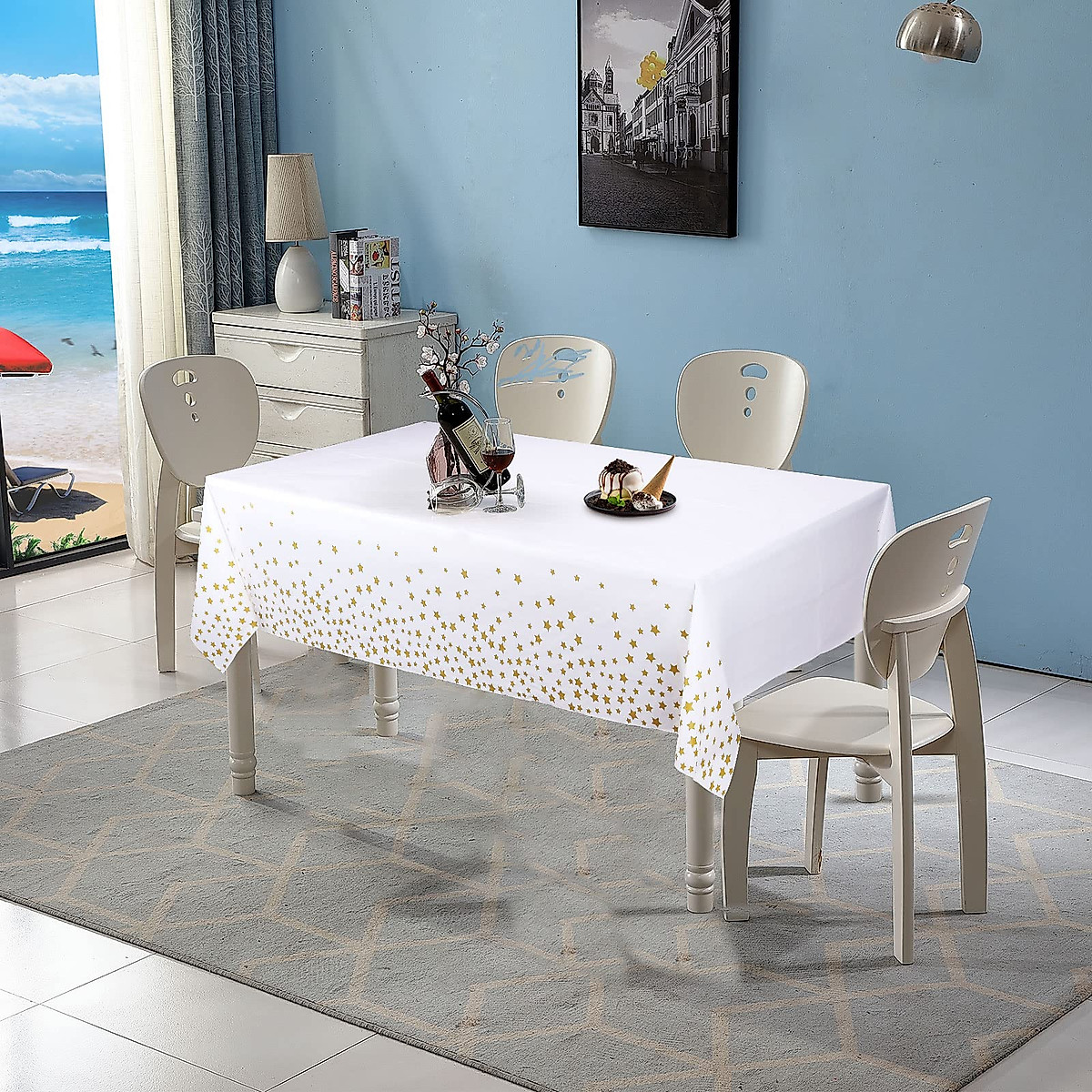 LCPCX 3-Piece Disposable Plastic Rectangle Tablecloth,Fitted Table Clothes for 6 Foot and 8 Foot Tables,Gold Star Pattern Party Decorations,54x108 Inch,White (Golden Star)