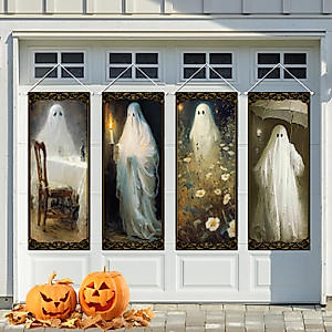 PATIAI Halloween Decorations Vintage Halloween Decorations 4 Pcs Vintage Halloween Hanging Banner Ghost Holding A Candle Photo Banner Backdrop for Halloween Party Supplies Indoor Outdoor