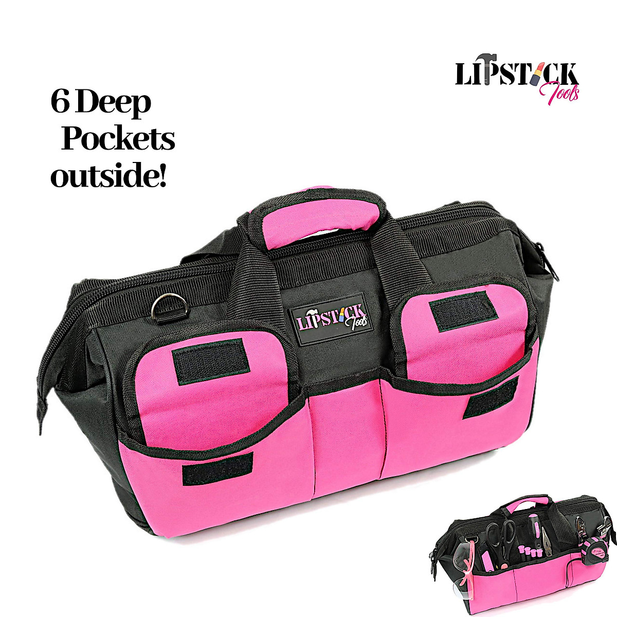 LipStick Tools 18-Inch Multi-Purpose Zip-Top Pink Storage Wide Mouth Tool Bag Organizer. Great for Home Improvement/Contractors Tools. Heavy Duty Storage Pockets and Shoulder Strap.