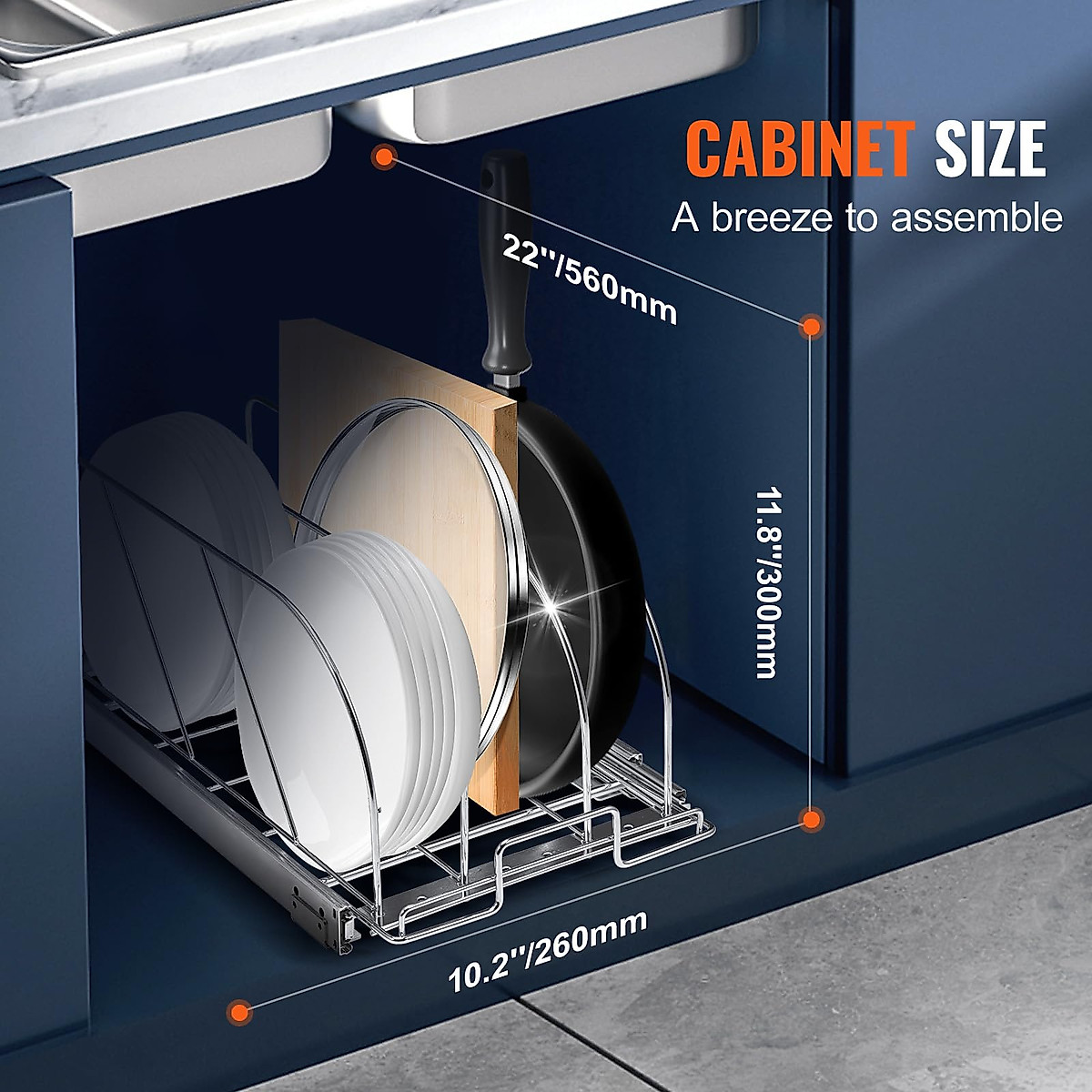 VEVOR Pan and Pot Rack, Expandable Pull Out Under Cabinet Organizer, Cookie Baking Pans tray Organization, Adjustable Wire Dividers, Steel Lid for Kitchen Cabinet & Pantry, 8.5"W