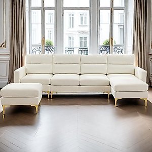GlasFlength Sectional Couches for Living Room - U Shaped Sectional Comfy Sectional Couches, 4 Seat Sofa Sleeper with Double Chaise for Small & Large Spaces, Modern Home Sofa Set, White