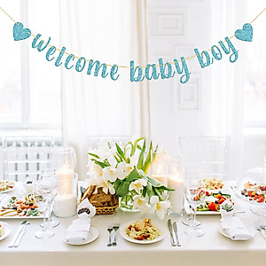 Belrew Welcome Baby Boy Banner, It's a Boy Baby Shower Decor, Gender Reveal Party, Baby 1st Birthday Party Decoration Supplies, Glittery Blue