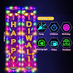Diwali Door Hanging Banner Lighted Decorations Festival of Light Porch Sign with LED Light Deepavali Celebration Banner Party Indoor Outdoor Wall Decor