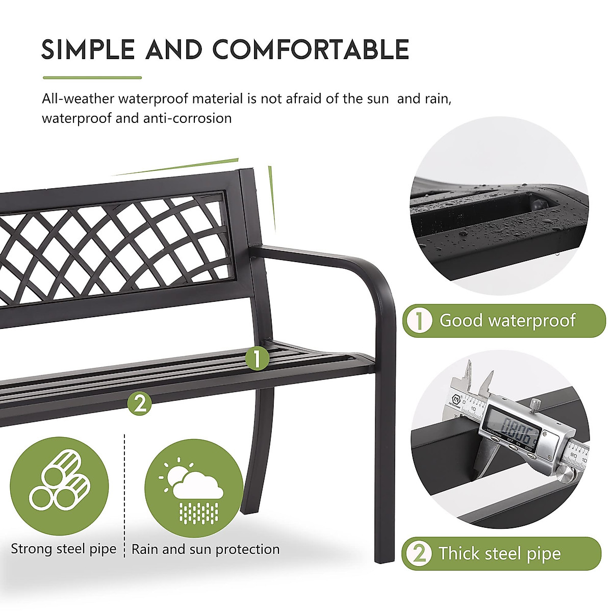 Ruesleag Garden Bench,Metal Outdoor Bench Park Bench with Plastic Mesh Backrest Armrests Sturdy Steel Frame for Patio Yard Porch Entryway Black