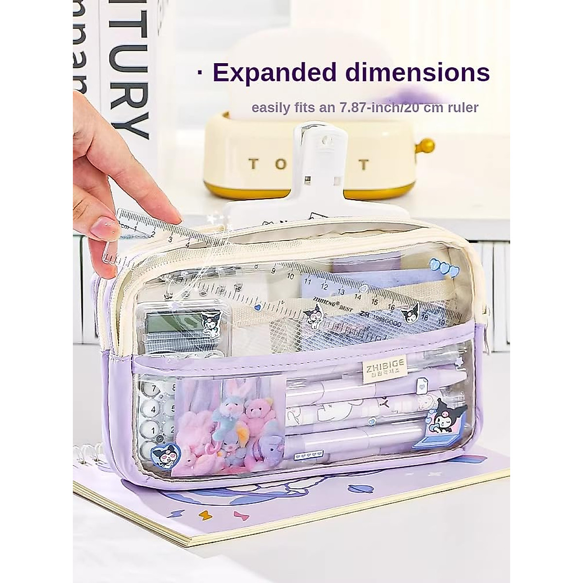 MILLEVIBE Kawaii ITA Pencil Pouch: Large Capacity Multi-Compartment Pen Case with Clear Window for Anime Display (Blue)