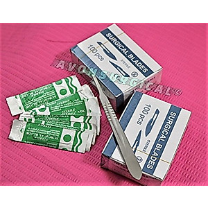 Cynamed 200 Sterile Scalpel Blades #21 Sterile Carbon Steel + 1 Scalpel Handle #4 -for Biology Lab Anatomy, Practicing Cutting, Medical Student Training, Sculpting, Repairing