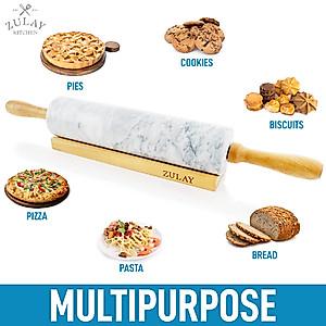 Zulay Kitchen 17-Inch Marble Rolling Pin With Stand - Polished Marble Rolling Pins For Baking - Long Rolling Pin Marble With Beechwood Handle - Non-stick Roller Pin For Baking Pastries, Bread & Pizza
