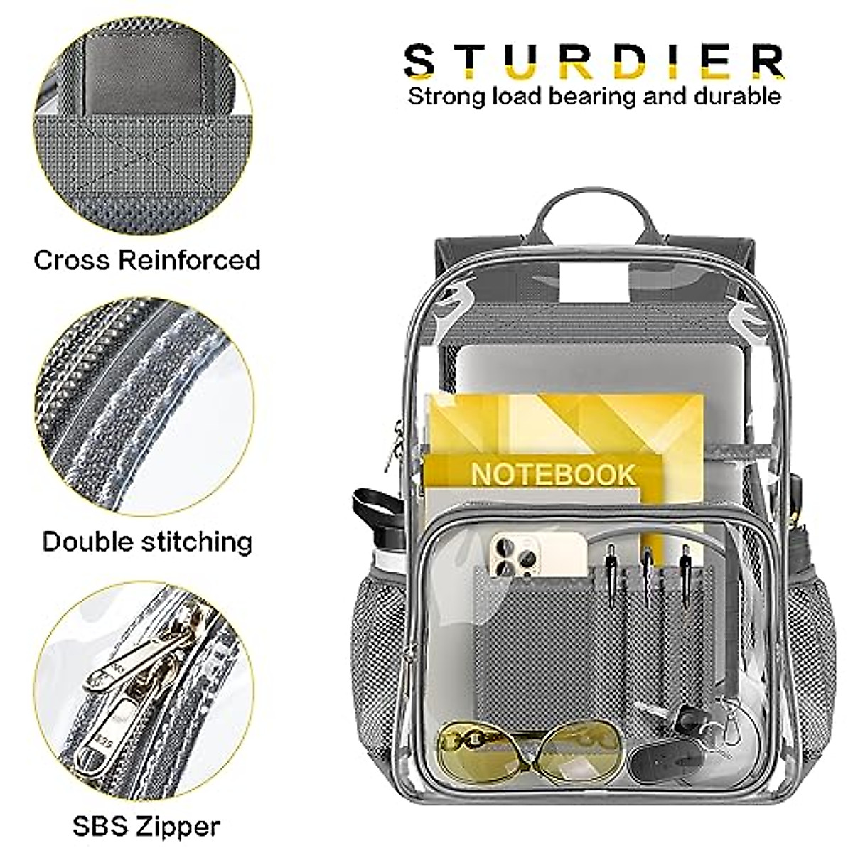 GEAMSAM Clear Backpack, Heavy Duty Transparent Backpack with Reinforced Bottom See Through Backpack for College, Travel, Workplace Security - Gray