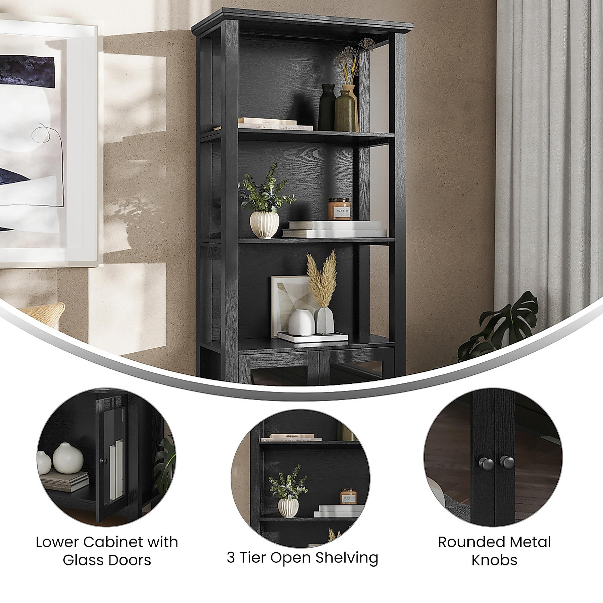 EMMA + OLIVER Dassie Bookcase Storage Cabinet, 2 Glass Doors & 3 Storage Shelves, Wood Bookshelf Cabinet for Living Room, Bedroom, Home Office, 67.75" H, Black