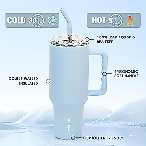 Serborni 40 oz Tumbler With Handle and 2 Straws Lid, Insulated Tumblers Stainless Steel, Upgraded Leak-Proof Lid For Hot and Cold Insulation Travel Coffee Cup Mug（Skyblue）