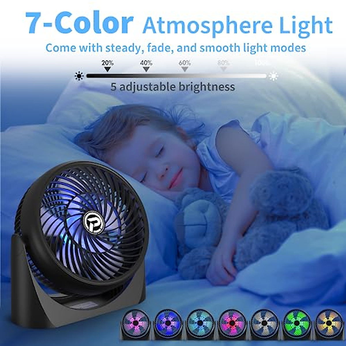 PELANZENHAU 8 inch Table Fan with Remote, USB Powered Desk Fan with RGB Light & Timer, 3 Strong Speeds & 360° Pivot Adjustable, Desktop Air Circulator Fan for Home Office Dorm RV Bedroom Travel