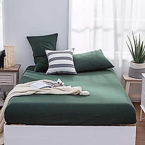 LIFETOWN Dark Green Fitted Sheet Deep Pocket, Jersey Knit Cotton Sheet Queen Fitted Sheet with 2 Pillowcases, Wrinkle and Shrinkage Resistant