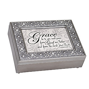 Cottage Garden Grace Peace from God Filigree Jewel Bead Silver Tone Music Box Plays Amazing Grace