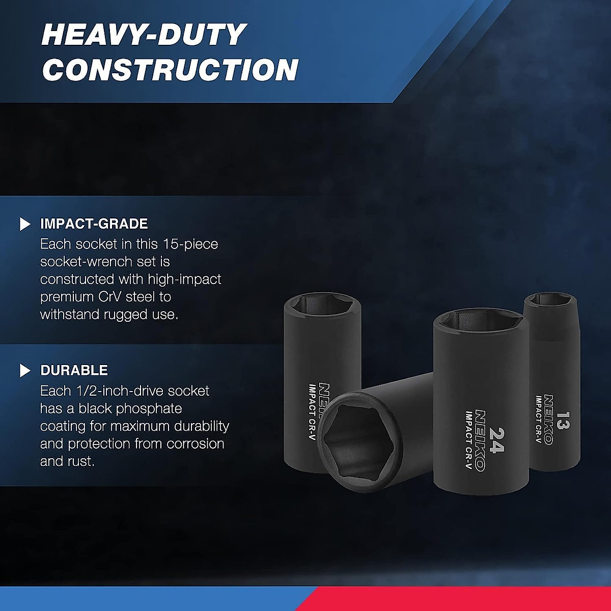 NEIKO 02474A 1/2" Impact Socket Set, 15 Piece Metric Socket Set 10-24 mm, Deep Sockets, 6 Point, 1/2” Drive Sockets for 1/2" Impact Wrench, Chrome Vanadium Cr-V