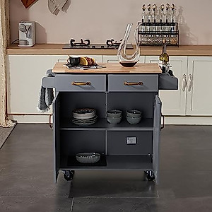 APDYNE Two Door Two Roll Out Kitchen Cart and Storage Cabinet, Rubber Wood Gray Paint Dining Car 99.5 * 40 * 85.5cm, Towel Rack, Adjustable Rack, and Lockable Wheels