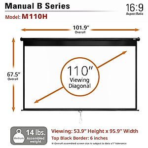 Elite Screens Manual B 110-INCH Manual Pull Down Projector Screen 4K 8K 3D Ultra HDR HD Ready Home Theater Movie Gaming Presentation Screen, M110H