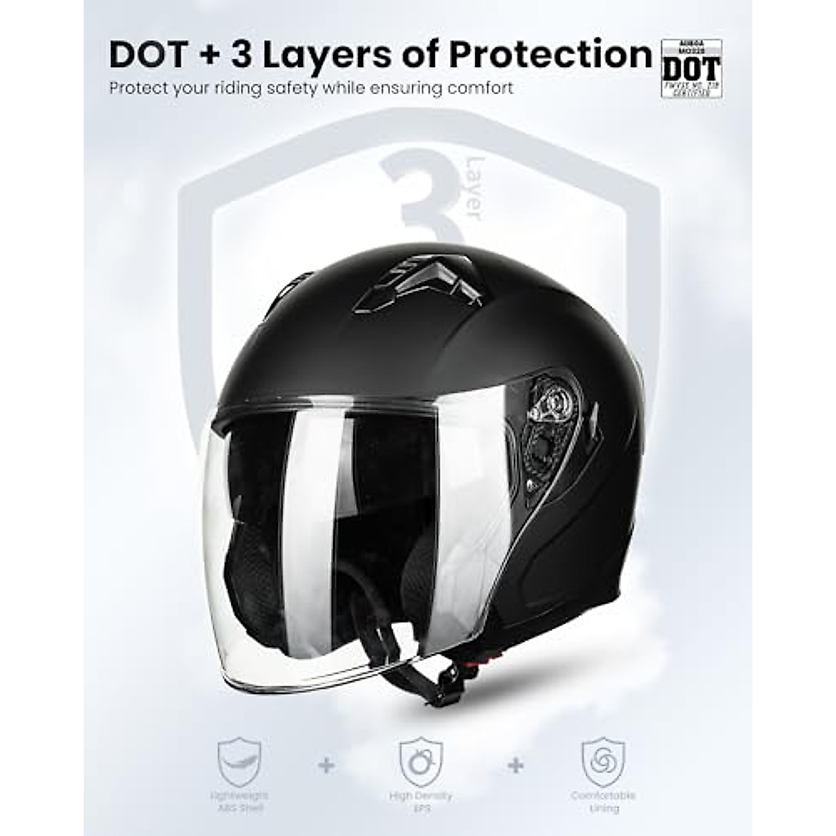 AUBOA Open Face Motorcycle 3/4 Helmets with Dual Visor for Men Women DOT Moped Scooter Cruiser Helmet Model AU-MO328 (Matte Black, L)