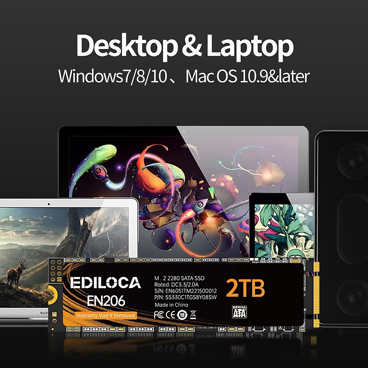 Ediloca EN206 2TB SSD M.2 SATA 3D NAND TLC, M.2 2280 SATA III 6Gb/s SSD Internal Hard Drive, Read/Write Speed up to 550/480 MB/s, Compatible with Ultrabooks, Tablet Computers and Mini PCs