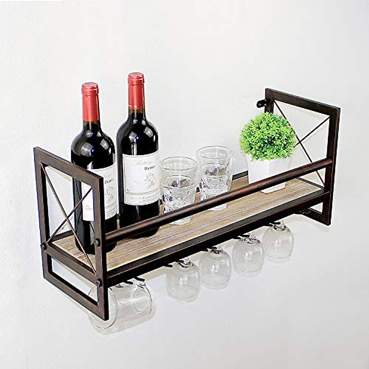 MBQQ Industrial Wine Racks Wall Mounted with Stemware Racks,24" Rustic Metal Hanging Wine Holder,Bottle Holder with 7 Stem Glass Holder,Metal&Wood Shelves Home Decor Wall Shelf,Retro Red
