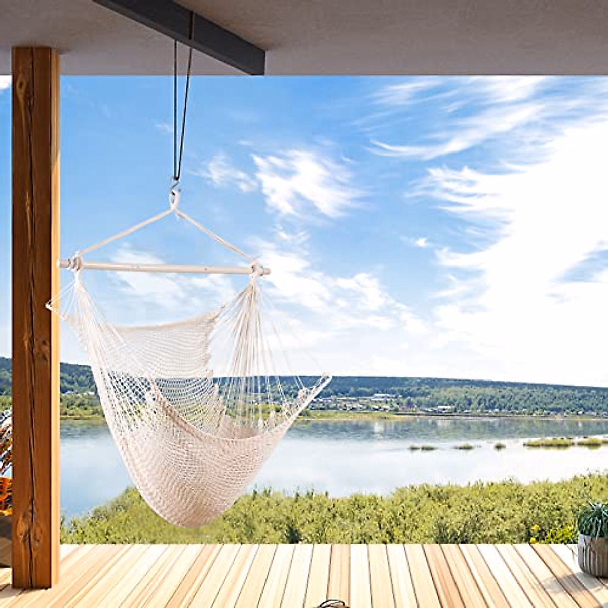 HBlife Hammock Chair Max 330 LBS Hanging Chair with Portable Metal Rod Handwoven Cotton Rope Hammock Swing for Bedroom Beige, Small