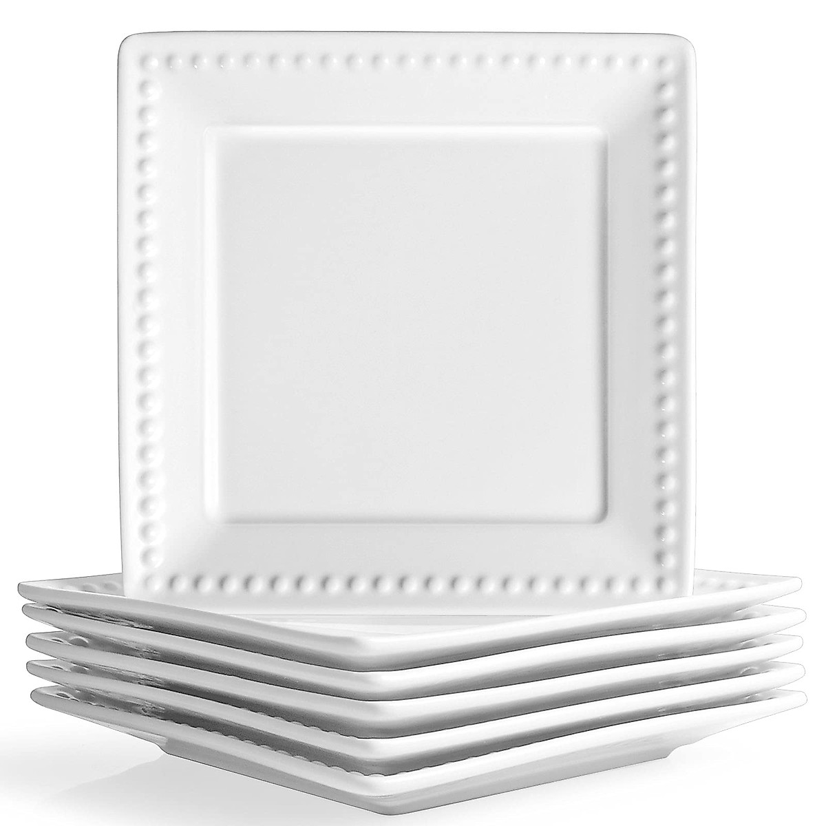 Wareland 2 Pieces Embossed Dinner Plates & Bright White Embossed Dots Square Dessert Plates Set of 6