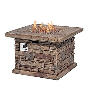 HOMPUS Outdoor Propane Fire Pit Table 32-inch Imitation Stone Square Concrete Propane Fire Pit with Lava Rocks and Rain Cover 50,000 BTU Gas Smokeless Fire Pit for Outside Patio,Garden,Deck,Backyard