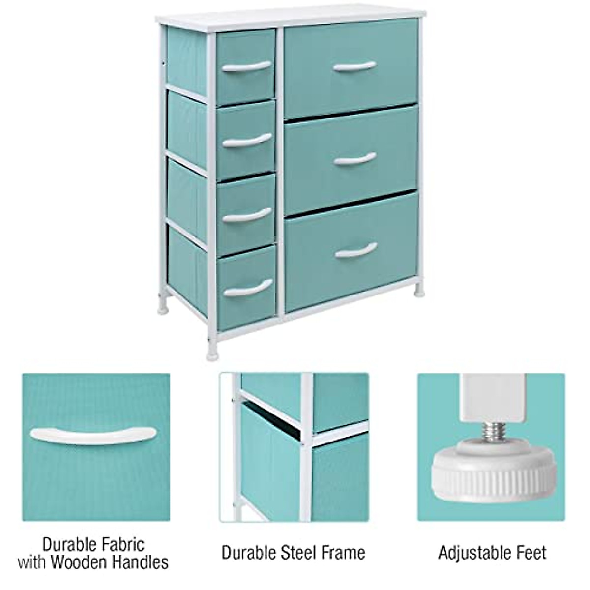 Sorbus Dresser with 7 Drawers - Furniture Storage Chest for Kid’s, Teens, Bedroom, Nursery, Playroom, Clothes, Toys - Steel Frame, Wood Top, Tie-dye Fabric Bins (7-Drawer, Pastel Aqua)