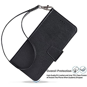 Arae Compatible with iPhone 13 Case [Not for iPhone 13 Pro] with Card Holder and Wrist Strap Wallet Flip Cover for iPhone 13 6.1 inch-Black