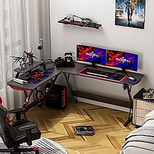 MOTPK L Shaped Gaming Desk 66 Inch, Gaming Computer Desk L Shape with Carbon Fiber Surface, Gamer Desk Gaming Table with Monitor Shelf, Cup Holder & Headphone Hook, Black