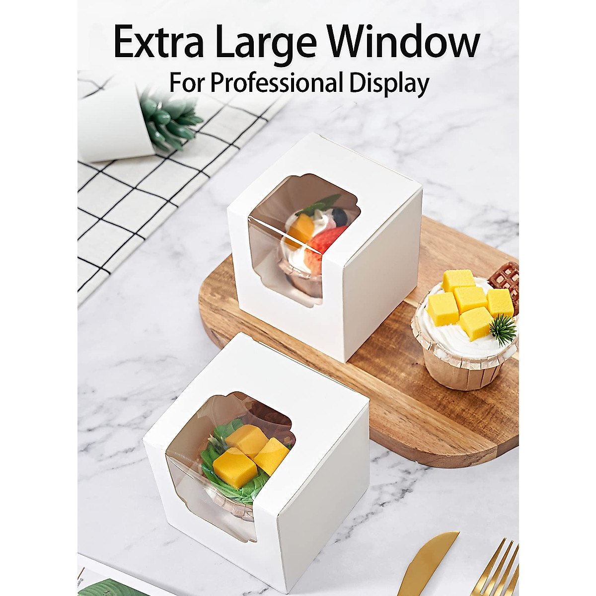 Happyhiram Cupcake Boxes 50 Pcs White Individual Cupcake Box, Single Cupcake Containers Cardboard Holders with Inserts and Window for Muffins Cocoa Bombs Packaging Togo Boxes for Birthdays Showers Party Favors Packing