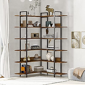 6-Tier Corner Bookshelf L Shaped Bookcase, Open Large Vintage Industrial Storage and Display Shelves with Metal Frame for Home Office