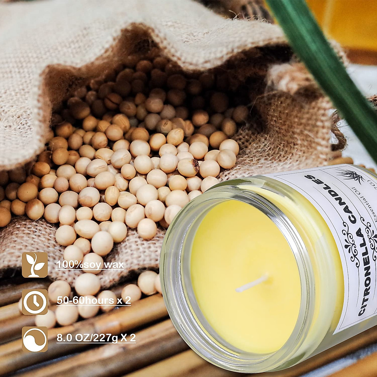 Citronella Candles Outdoor Large, 2 Pack Lemon Scented Candle, 16 OZ Natural Soy Wax Candles Set for Indoor Garden Patio Yard Home Balcony Bedroom Park Terrace Camping - 100 Hours Burning Time