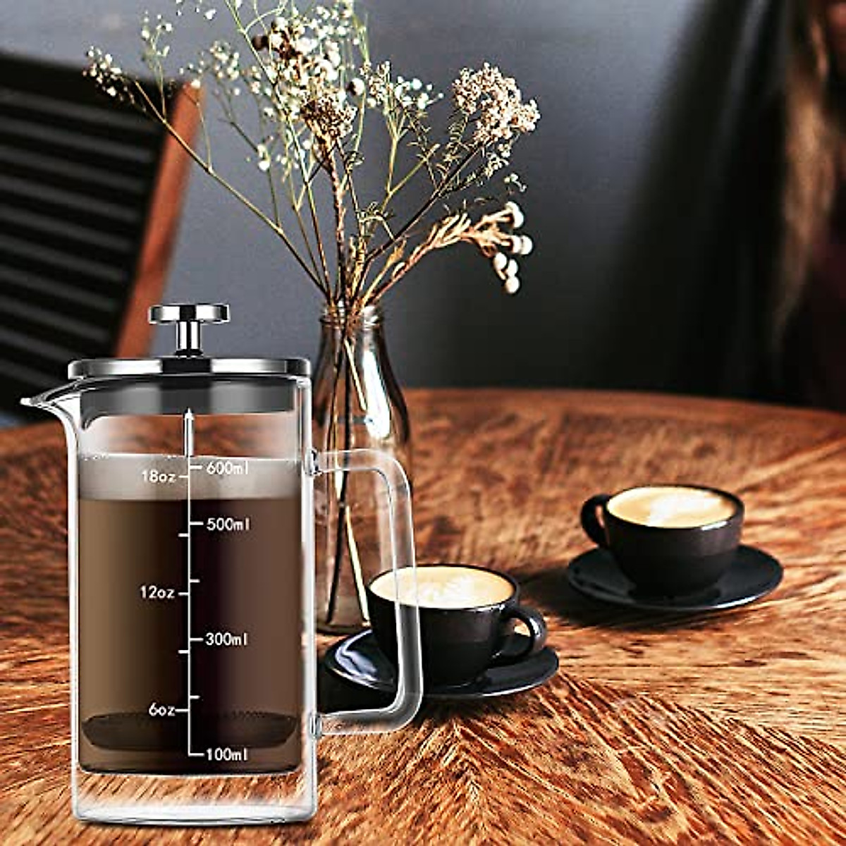 Upspirit French Press Coffee Maker, Coffee Presses Glass Double Wall Insulated Hot Cold Brew Coffee Tea Maker, 4 Cup Espresso Pot With 3 Filters, 20 oz/600ml