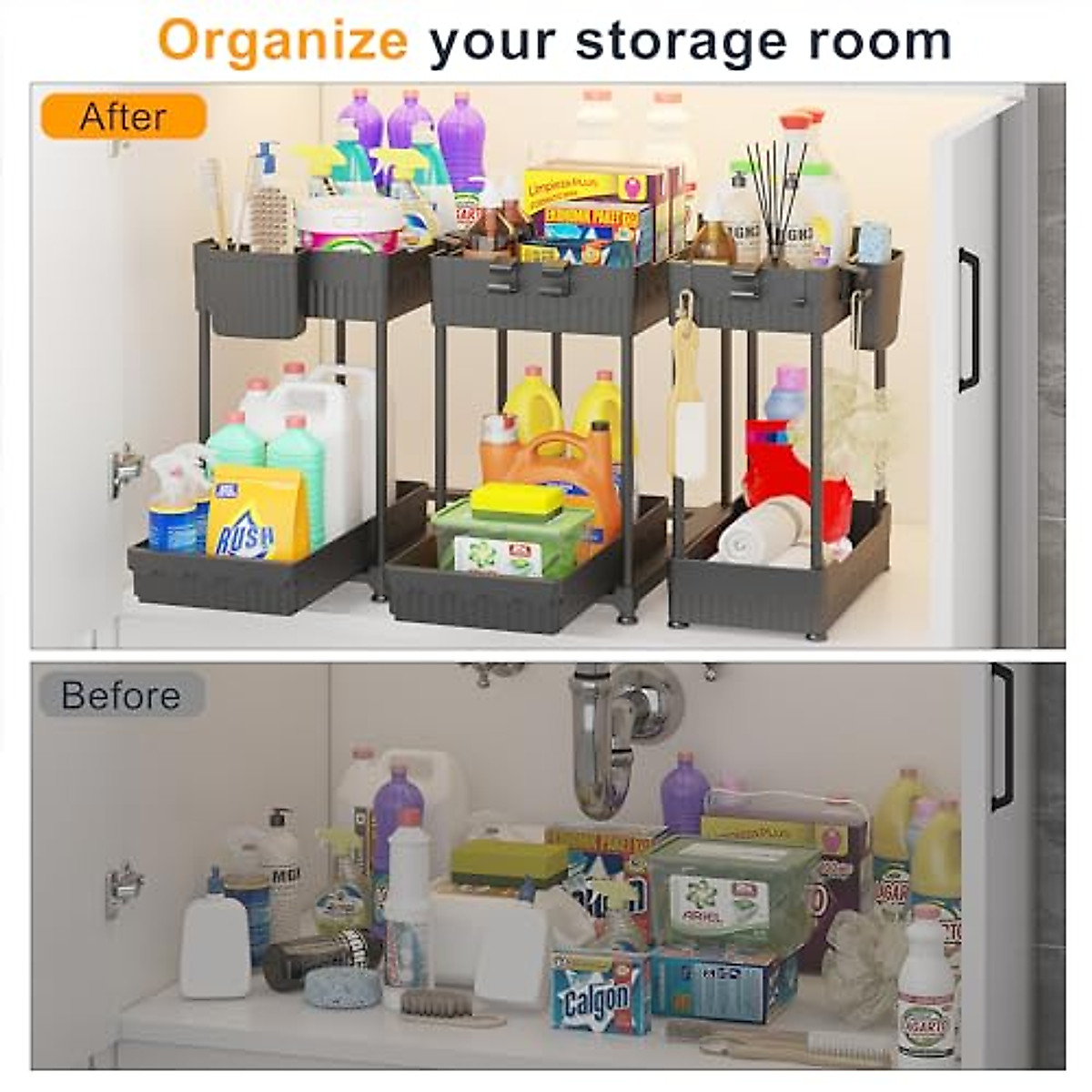 Sevenblue 3 Pack Under Sink Organizer, 2-Tier Multi-Use Kitchen Bathroom Organizers and Storage with Sliding Drawer, Bathroom Cabinet Organizer with Hooks and Hanging Cups, Black