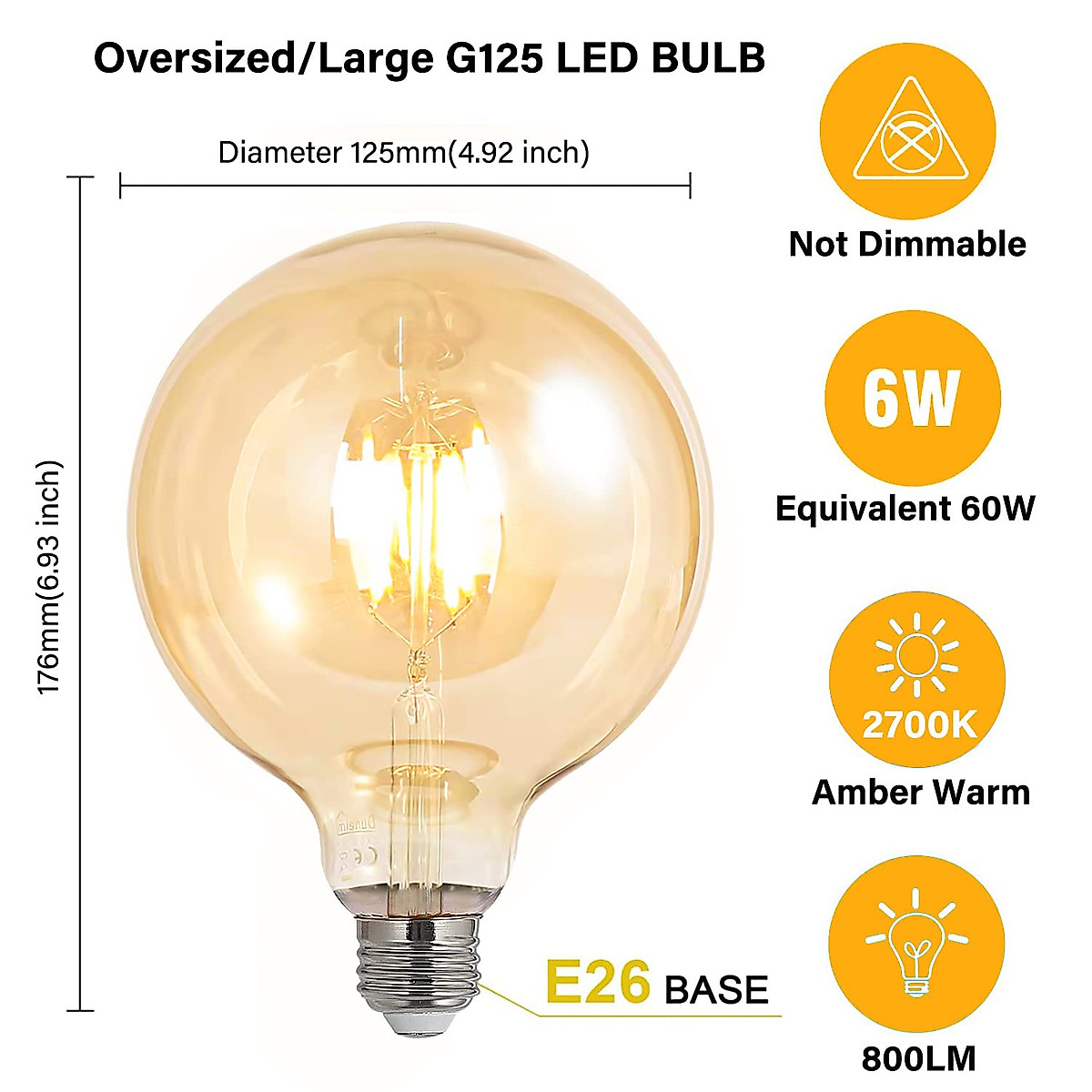 LED Bulbs 60 Watt Equivalent, 2 Pack 6W G125 LED Globe Bulbs, Antique Vintage Light Bulbs Amber, E26 LED Edison Light Bulb, 2700K 800LM Warm White, E26 Standard Base, Non-Dimmable