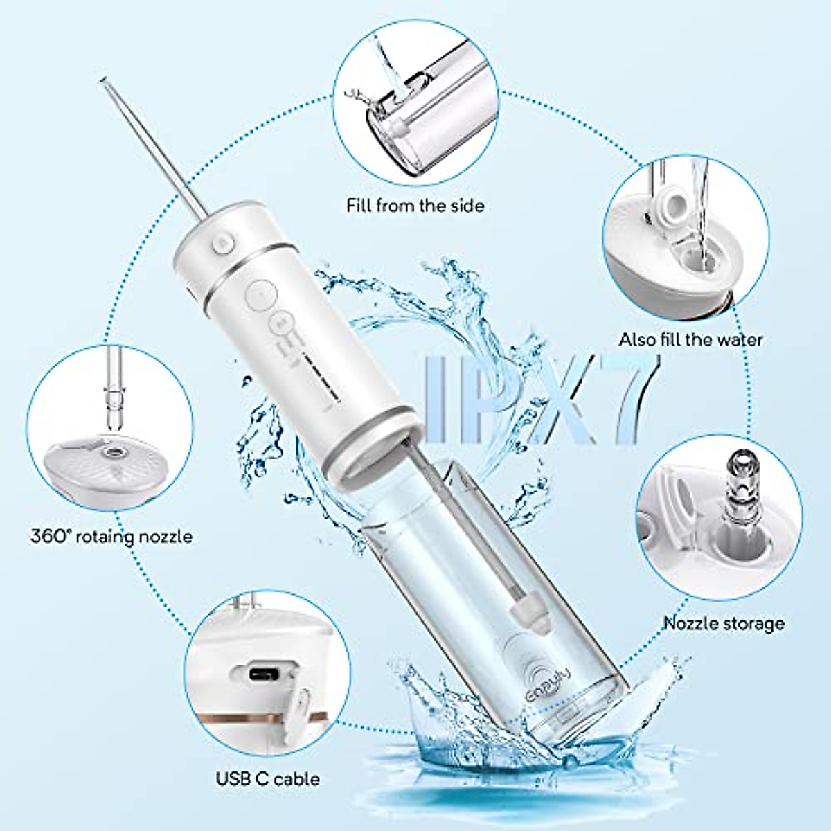 Water Flosser Cordless - ENPULY Portable Water Teeth Cleaner Pick with 3 Cleaning Modes & 5 Pressure Modes, 5 Jet Tips, IPX7 Waterproof, Rechargeable Oral Irrigator for Braces Bridges Tooth Care,White