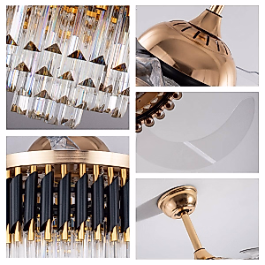Fandian 42" Crystal Ceiling Fan with Light Remote Control Chandelier Retractable Fandelier, Luxury 3 Color Lighting for Dining Room, Living Room
