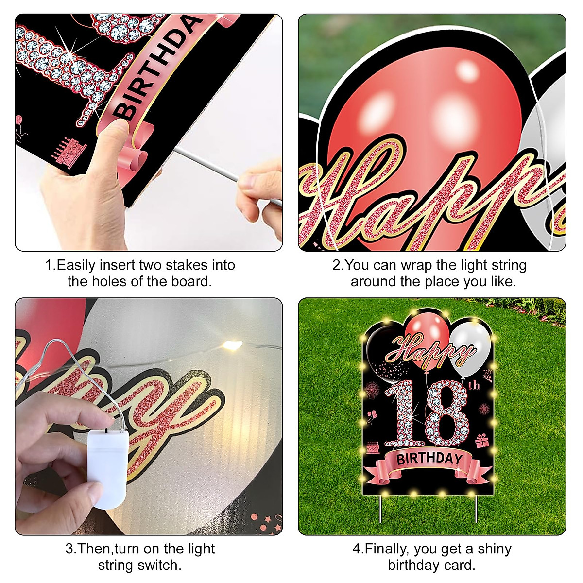 2Pcs Rose Gold 18th Birthday Yard Sign Decoration with String Lights for Girl, Happy 18 Birthday Made in 2006 Lawn Sign Party Supplies, Eighteen Year Old Birthday with Lights Yard Decor with Stakes