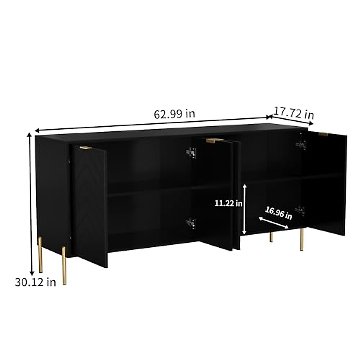 Clihome Storage Cabinet with 4 Doors，63 Inch Monden Accent Cabinet with Adjustable Shelf，Free-Standing Sideboard with Gold Legs for Hallway, Living Room, Black