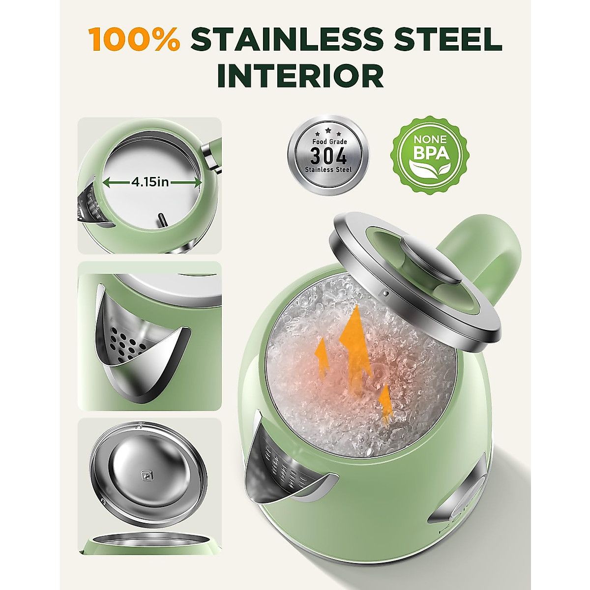 Electric Kettle, 1.8 L Hot Water Boiler Heater with Thermometer, 1500W Retro Electric Tea and Water Kettle with LED Indicator, 100% Stainless Steel, Auto Shut-Off & Boil-Dry Protection, Retro Green