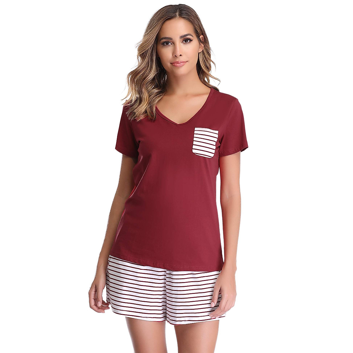 Vlazom Womens Pajama Set Cotton Short Pj Set Summer Stripe Lounge Set for Sleeping Yoga Gym Running Dark Red