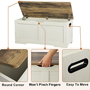 Timberer 39.4" Storage Chest, Wooden Storage Bench, Large Storage Trunk with 2 Safety Hinges, Entryway Shoes Bench for Living Room, Bedroom, Antique White