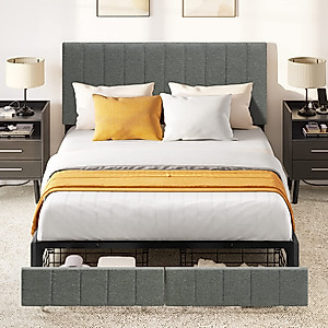 YITAHOME Queen Bed Frame, Grey Upholstered Bed Frame with Headboard, Platform Bed with 2 Storage Drawers, Sturdy Wood Slat Support, No Box Springs Required