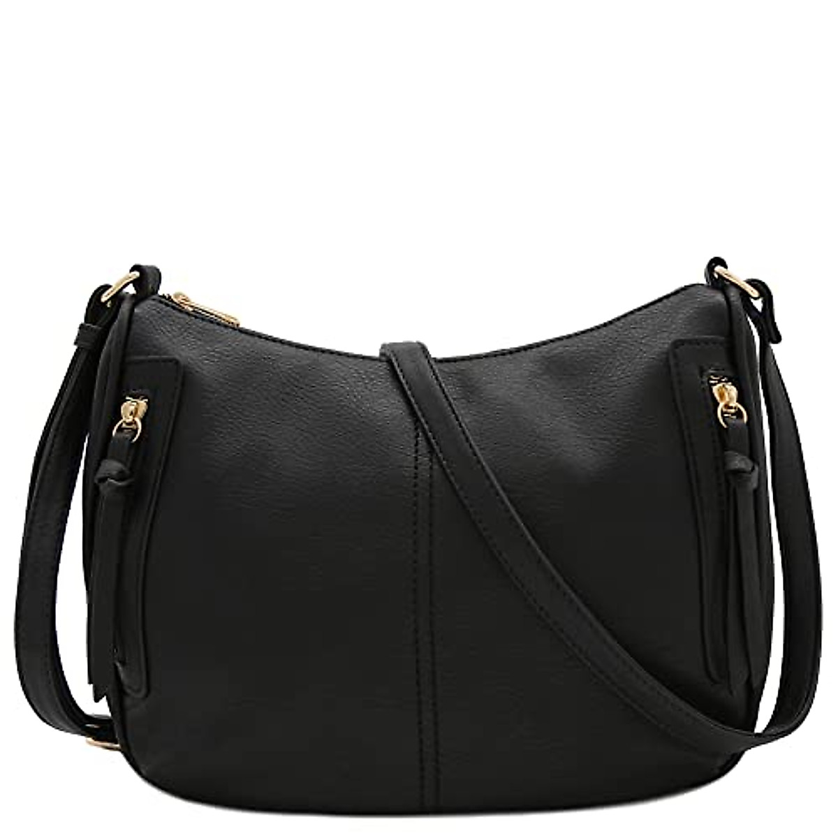FashionPuzzle Faux Leather Two Front Zipper Pocket Crossbody Saddle Bag (Black) One Size
