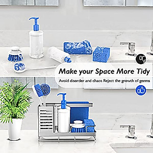 Kontoyo Sink Caddy, Sponge Holder for Kitchen Sink, Multifunctional Sink Caddy Sponge Soap Brush Dishcloth Storage, 304 Stainless Steel Kitchen Sink Organizer with Safety Bar & Removable Drain Pan